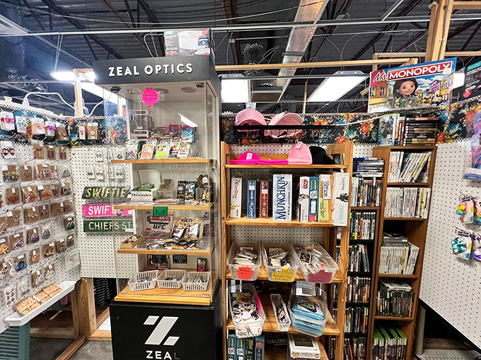 Sports fans and gamers unite in this corner of nostalgia. Those Swiftie and Chiefs signs prove even thrift shops keep up with current obsessions.