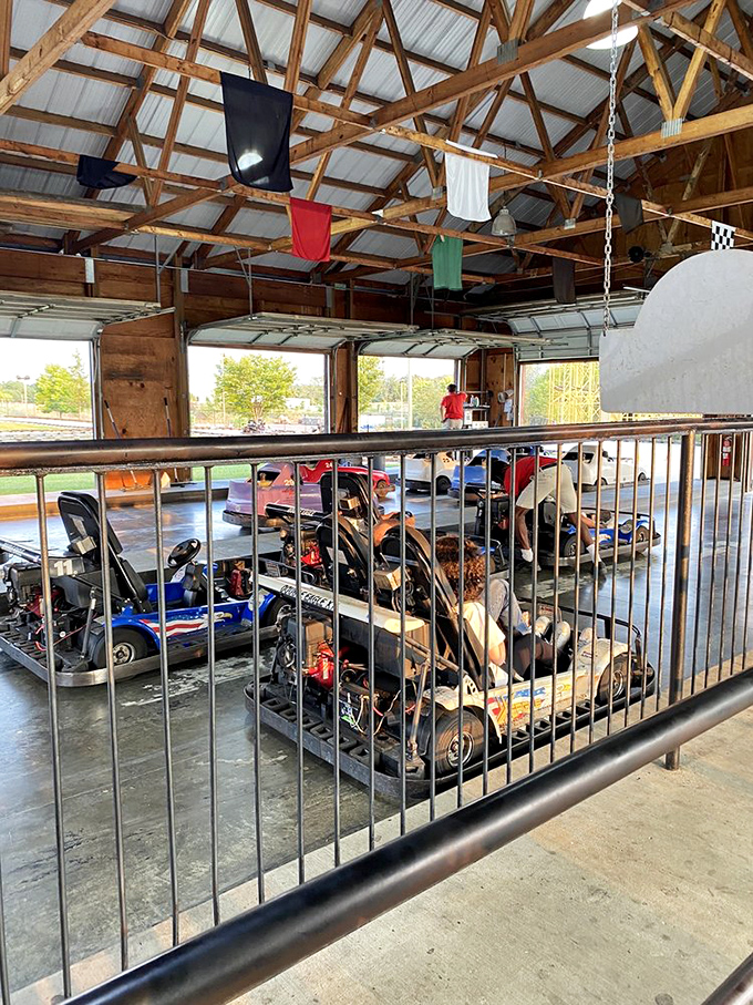 The go-kart staging area&mdash;where everyday parents transform into Mario Andretti and children learn the fine art of "accidentally" bumping Dad's kart.