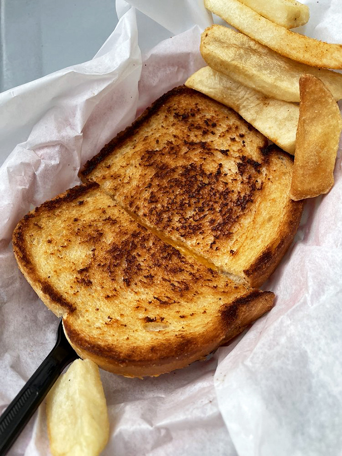 The humble grilled cheese sandwich, elevated to art form. Golden, crispy, and melty in all the right places—with fries that don't play second fiddle.