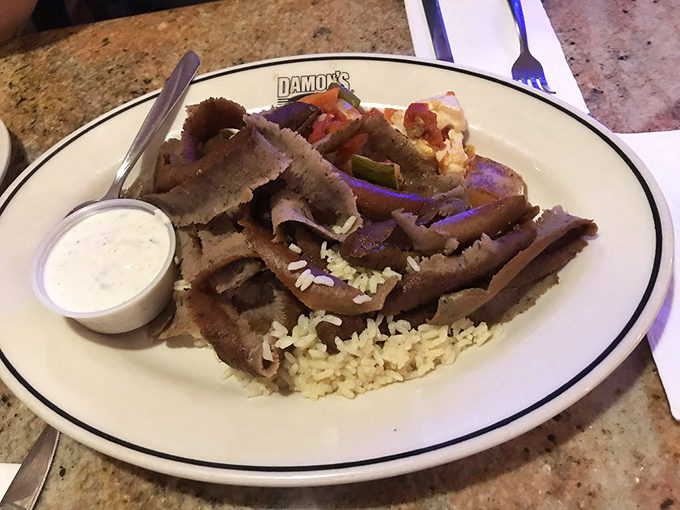 Gyro meat artfully arranged over rice with a side of tzatziki. Simple perfection that proves sometimes the most straightforward dishes deliver the most profound satisfaction.
