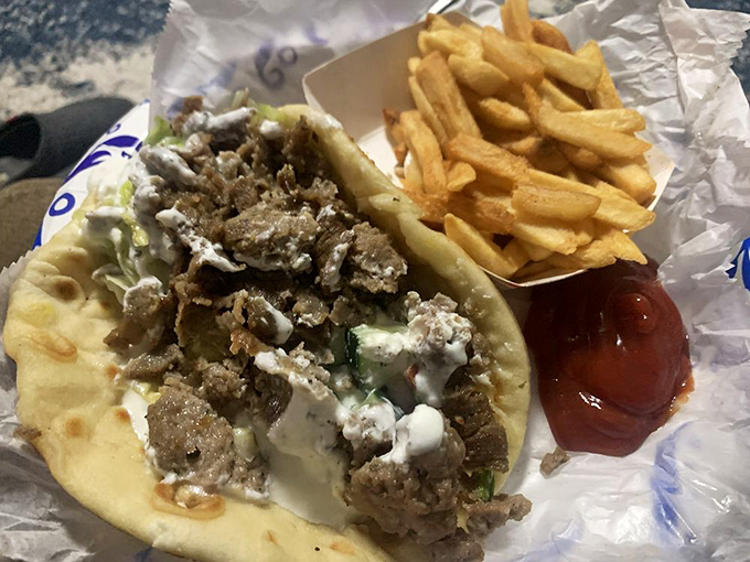 The holy trinity of lunch perfection: a proper gyro sandwich, golden fries, and that little puddle of ketchup waiting patiently for its moment.