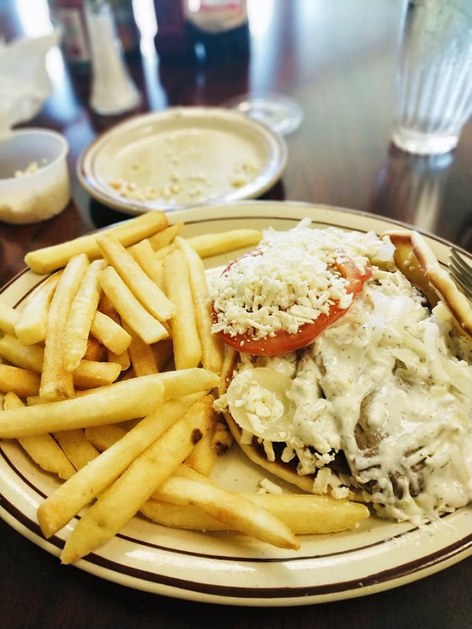 Golden fries flanking a gyro overflowing with savory goodness&mdash;a plate that whispers "nap time" before you've taken your first bite.