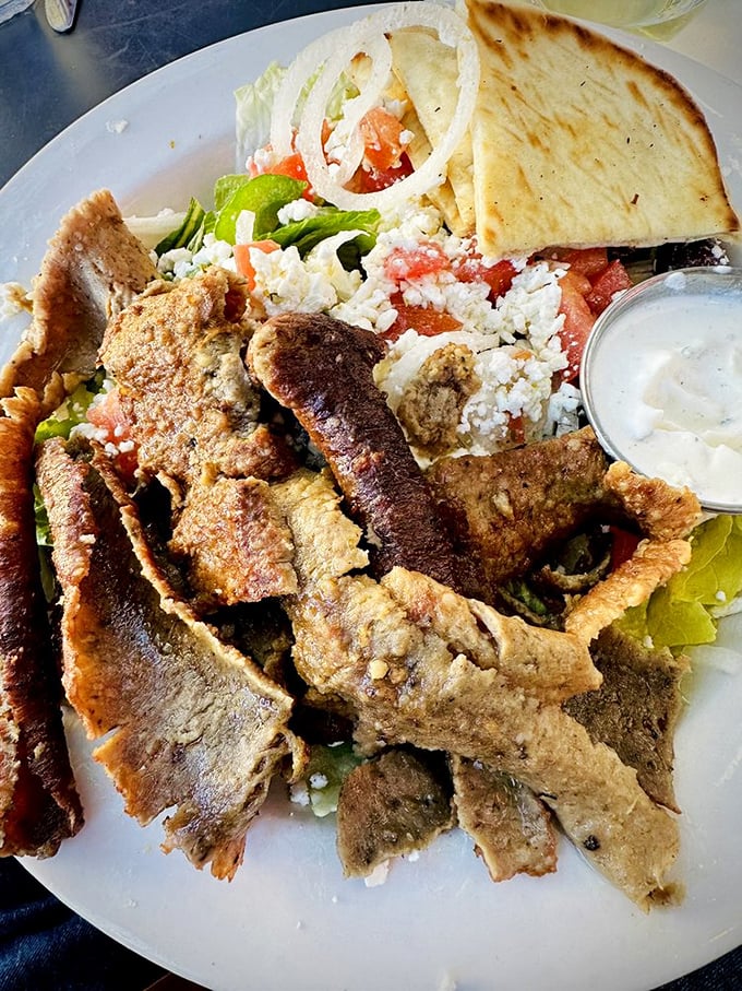 When a Greek salad meets a gyro, magic happens. It's like the Mediterranean version of "you got chocolate in my peanut butter!"