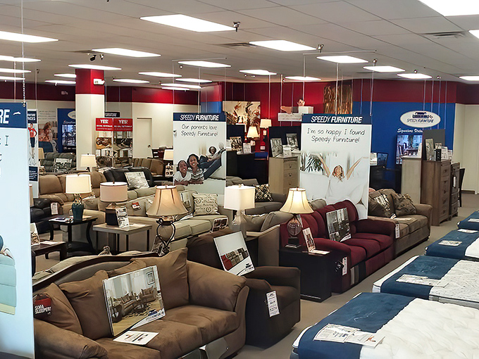A living room showroom that doesn't require an engineering degree to navigate. The couches practically whisper, "Netflix and actually comfortable."
