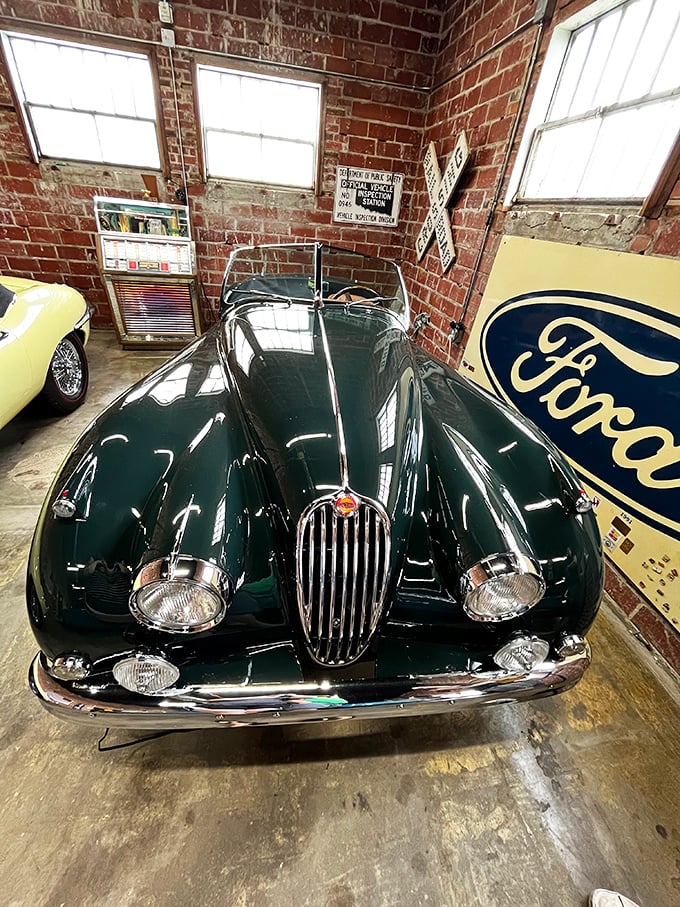 This British racing green Jaguar XK is automotive aristocracy. Its curves aren't just designed; they're seductive whispers from a more elegant era.