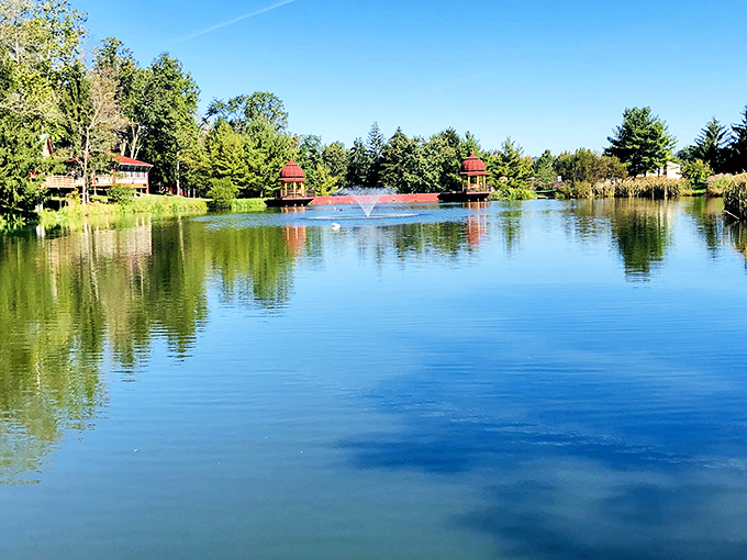 Tranquil waters reflect the sky while fountains dance in the distance. Even the fish here probably feel like they've moved up in the world.
