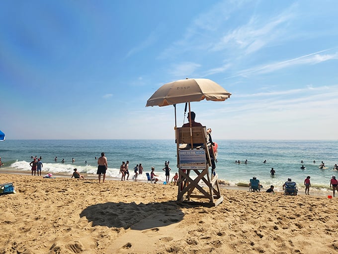 The quintessential summer scene: lifeguard keeping watch over happy swimmers. Like a scene from Baywatch, minus the slow-motion running and drama.