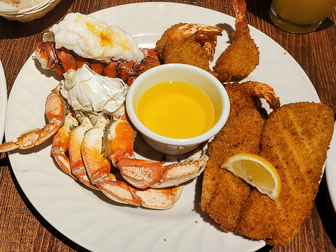 Ocean treasures on an Arkansas plate! The golden-fried fish provides the perfect textural contrast to sweet, succulent crab legs.