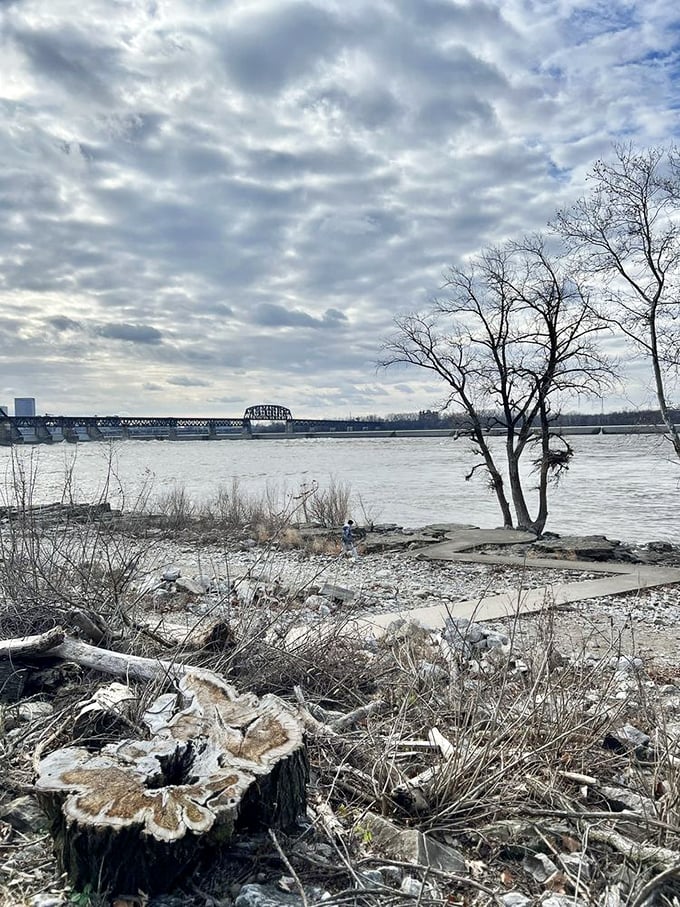 The mighty Ohio River flows past ancient limestone beds, occasionally revealing its prehistoric secrets when water levels drop.