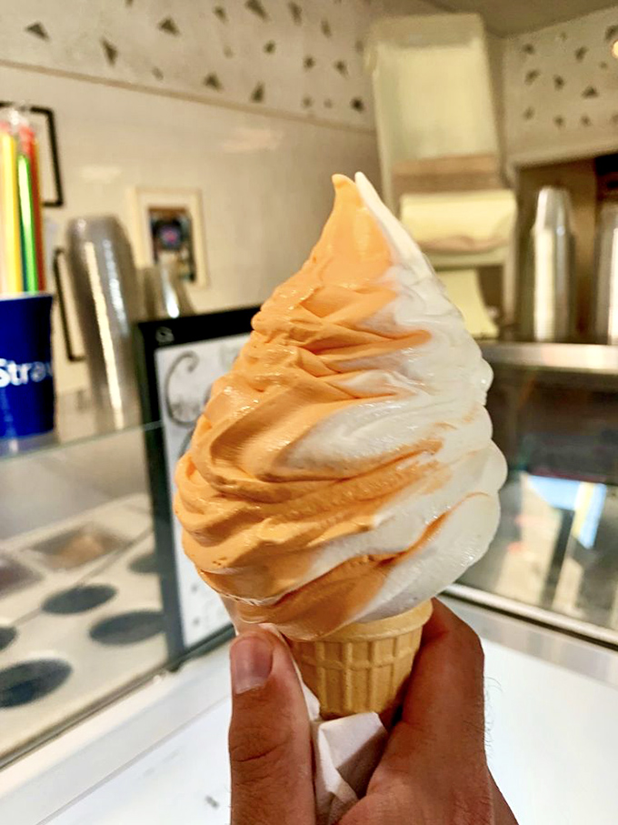 The perfect marriage of vanilla and orange swirled into a cone that belongs in the Dessert Hall of Fame. Boardwalk bliss, perfected.