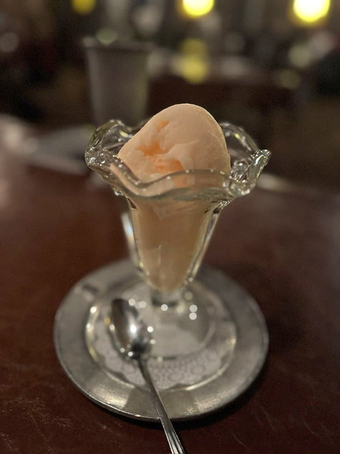 The sorbet arrives in a crystal dish like a tiny edible iceberg&mdash;the Titanic of desserts, except this is one disaster you'll want to experience.