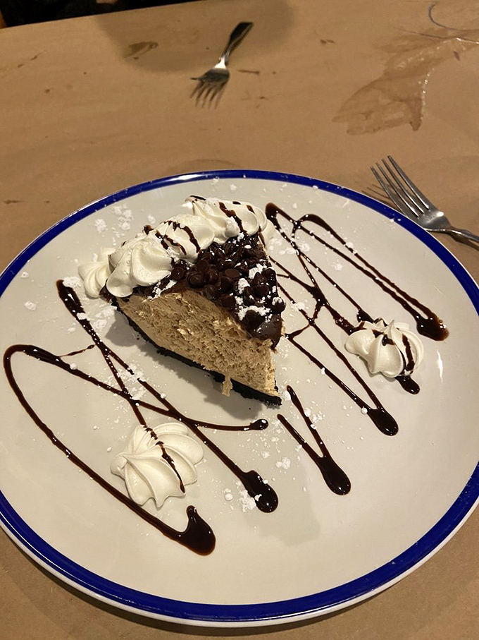 Chocolate lovers aren't forgotten at this seafood haven. This peanut butter pie with chocolate drizzle would make Reese's executives weep with jealousy.