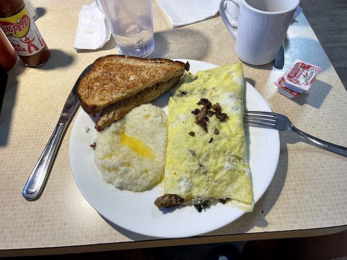 The Popeye omelet brings spinach back to its glory days. Even cartoon sailors would abandon their canned spinach for this cheese-draped masterpiece of morning cuisine.
