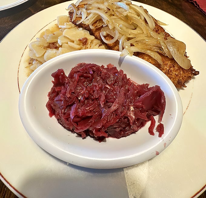 Red cabbage that dances between sweet and sour, paired with a schnitzel that's traveled from Bavaria to Arizona without losing an ounce of authenticity.