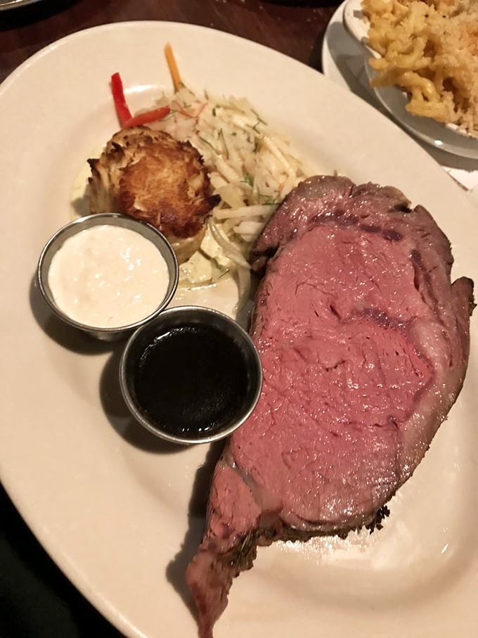 Prime rib perfection with all the fixings &ndash; a crab cake sidekick, creamy horseradish, and au jus so good you'll contemplate drinking it straight.
