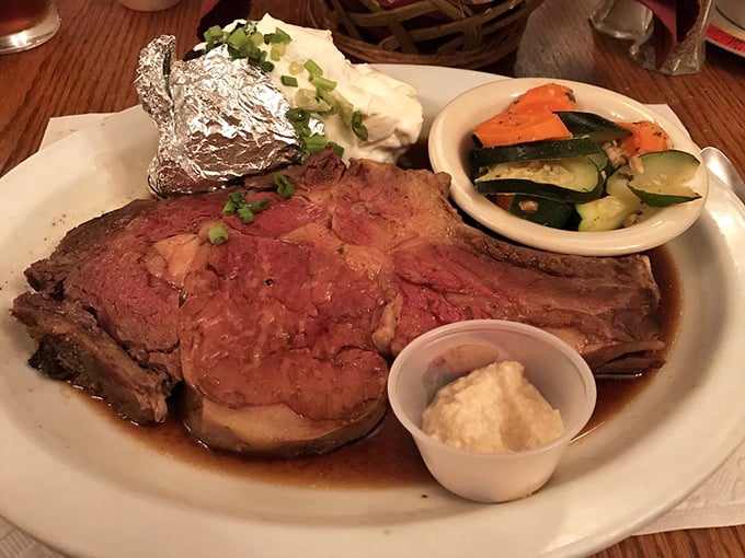 Prime rib so perfectly pink it makes flamingos jealous, swimming in its own juices with horseradish standing by for those who dare.
