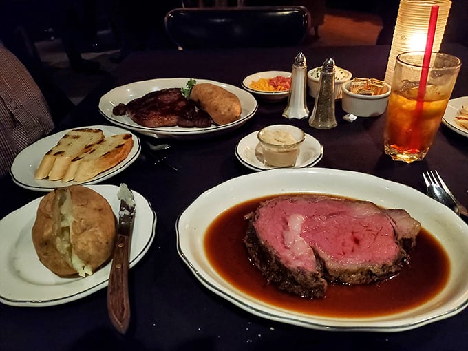 The full spread that answers life's eternal question: "What's better than prime rib?" Prime rib with all the fixings and a properly dressed baked potato.