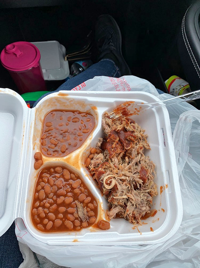 Road trip salvation in a styrofoam container. This pulled pork and double beans combo is why cup holders were invented.