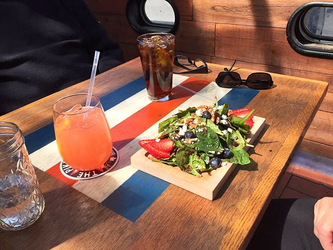 Even the salads feel seaworthy at The Octopus Bar, served on wooden planks that might have previous lives as parts of pirate ships.