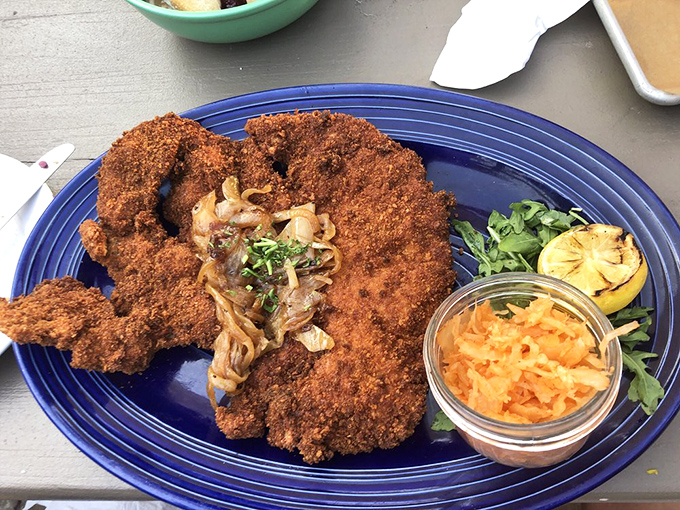 Schnitzel so perfectly golden and crisp, it makes a satisfying crunch that can be heard three tables away.