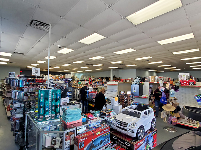 The wide aisles and fluorescent lighting might not scream "luxury shopping," but that Mercedes kiddie car costs less than dinner on the Strip.