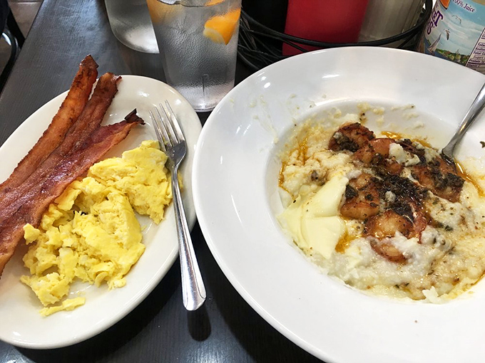 A side of eggs and bacon keeps these shrimp and grits company, though they're so good you might forget your breakfast companions entirely.