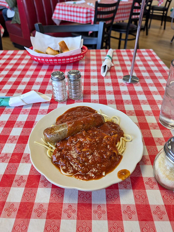 The Italian sausage and spaghetti&mdash;where the meat-to-pasta ratio suggests someone in the kitchen really wants to ensure you don't leave hungry.