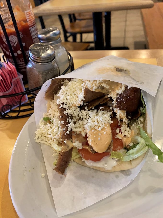 The spicy gyro brings the heat without overwhelming the palate. That sprinkle of feta cheese is like adding a cool breeze to a warm Mediterranean day.