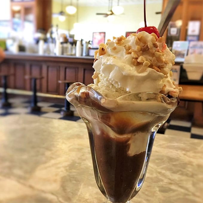 Hot fudge, vanilla ice cream, and pecans&mdash;the holy trinity of sundae architecture that would make Michelangelo weep.