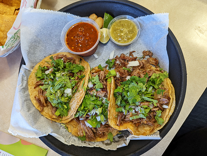 Street tacos done right: simple, authentic, and topped with nothing but the essentials. That roasted jalape&ntilde;o isn't just garnish&mdash;it's a dare wrapped in a challenge.