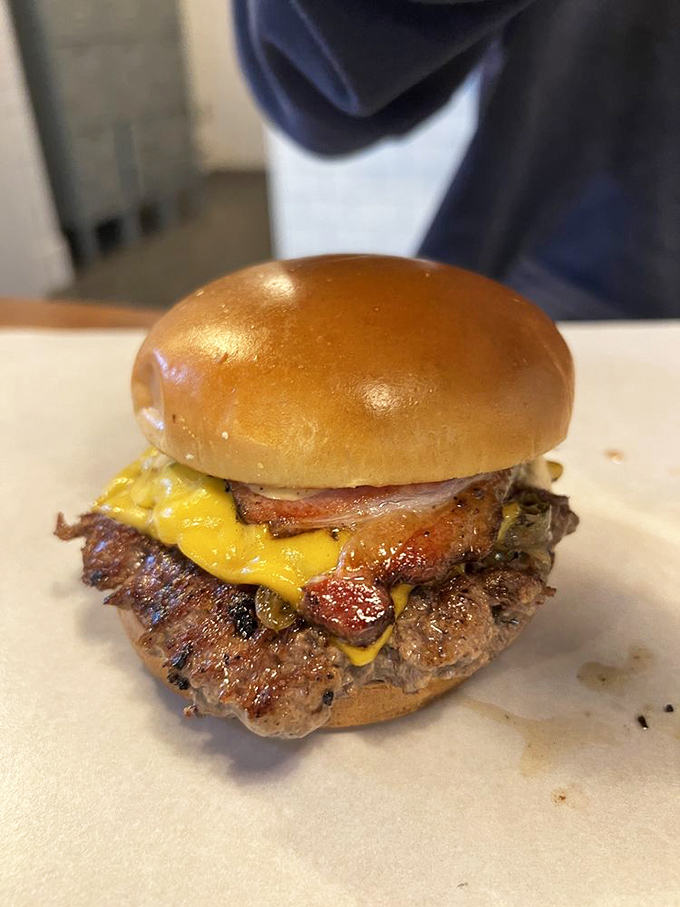 Behold, burger perfection in its most honest form. That glossy bun and juicy patty are having a romance worth interrupting. 