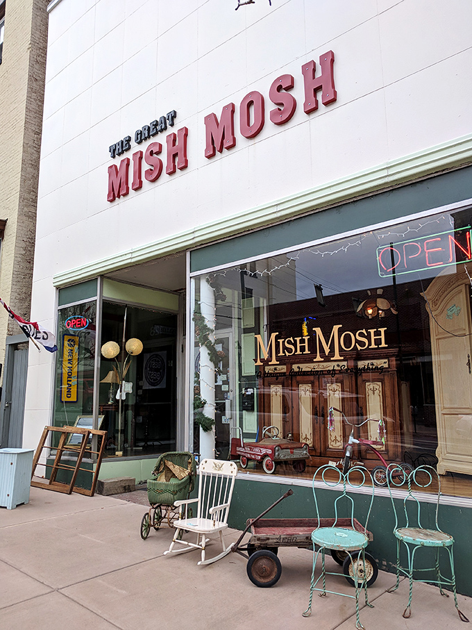 The Great Mish Mosh lives up to its name with delightful disorder. That vintage rocking chair on the sidewalk? Just the bouncer guarding the good stuff inside.
