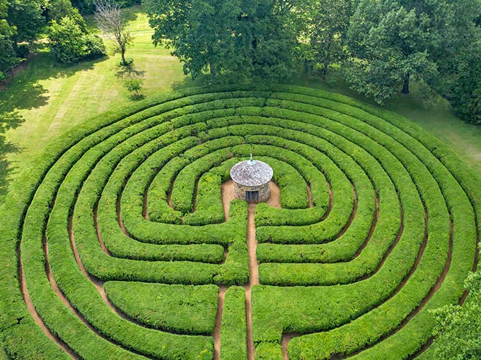 From above, the Harmonist Labyrinth reveals its meditative pattern&mdash;a verdant puzzle where getting lost is actually the point.
