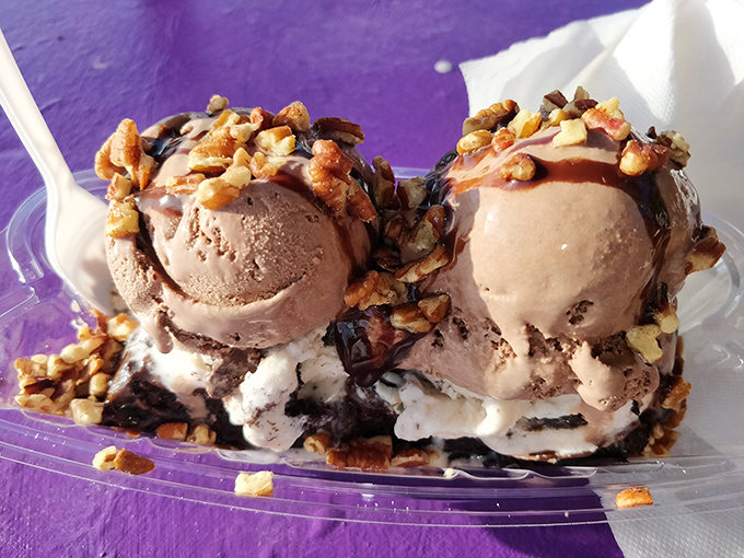 Two scoops nestled in chocolate sauce and nuts&mdash;proof that sometimes the best relationships are the simplest ones, especially when walnuts are involved.