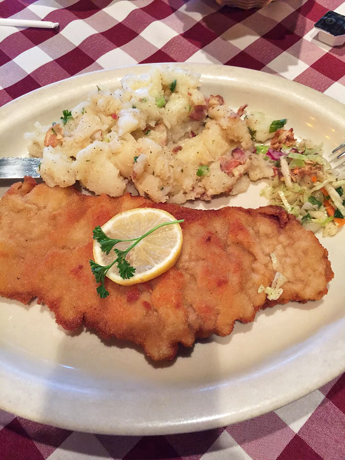 The Wiener Schnitzel arrives like a golden-fried postcard from Vienna, with that legendary potato salad playing a delicious supporting role. The lemon wedge isn't just for show!