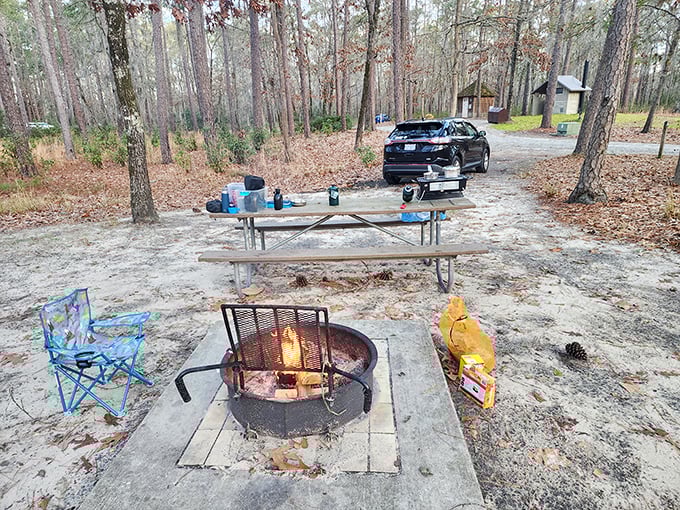 S'mores central! The universal language of camping &ndash; where stories get taller and marshmallows get toastier as the night progresses.