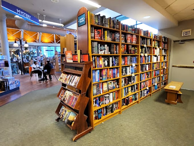 The mystery section&mdash;where every spine holds secrets and every cover promises the perfect alibi for staying up way too late. 