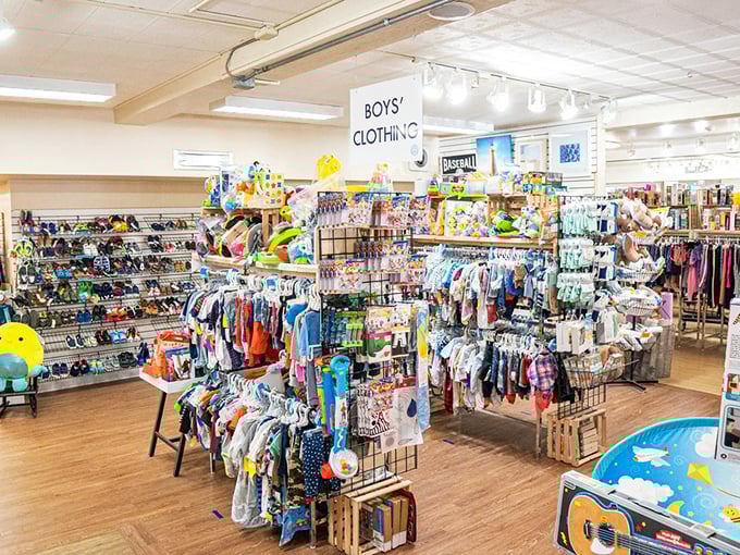 The boys' clothing section is a color explosion that would make any kindergarten art teacher proud.