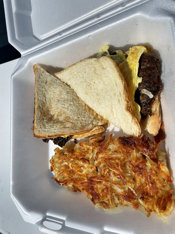 The breakfast sandwich and those legendary hash browns, packaged for the road. Even in takeout form, this combo maintains its crispy-on-the-outside, tender-on-the-inside integrity.