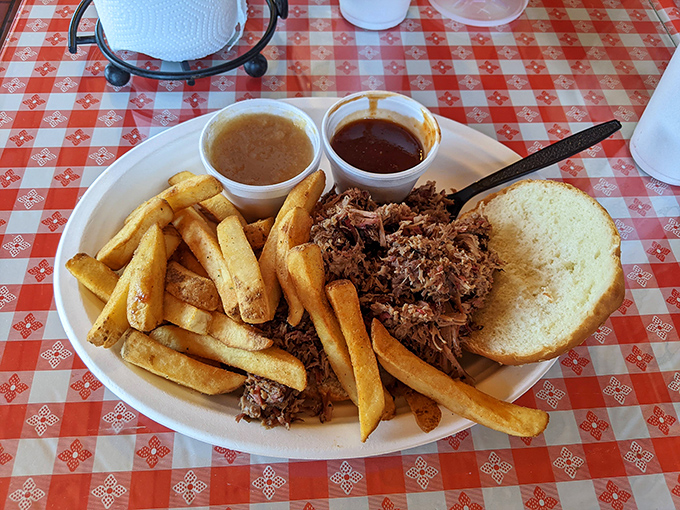 The pulled pork sandwich&mdash;where sauce cups aren't suggestions but necessities. Though honestly, this meat is so good it could go commando.