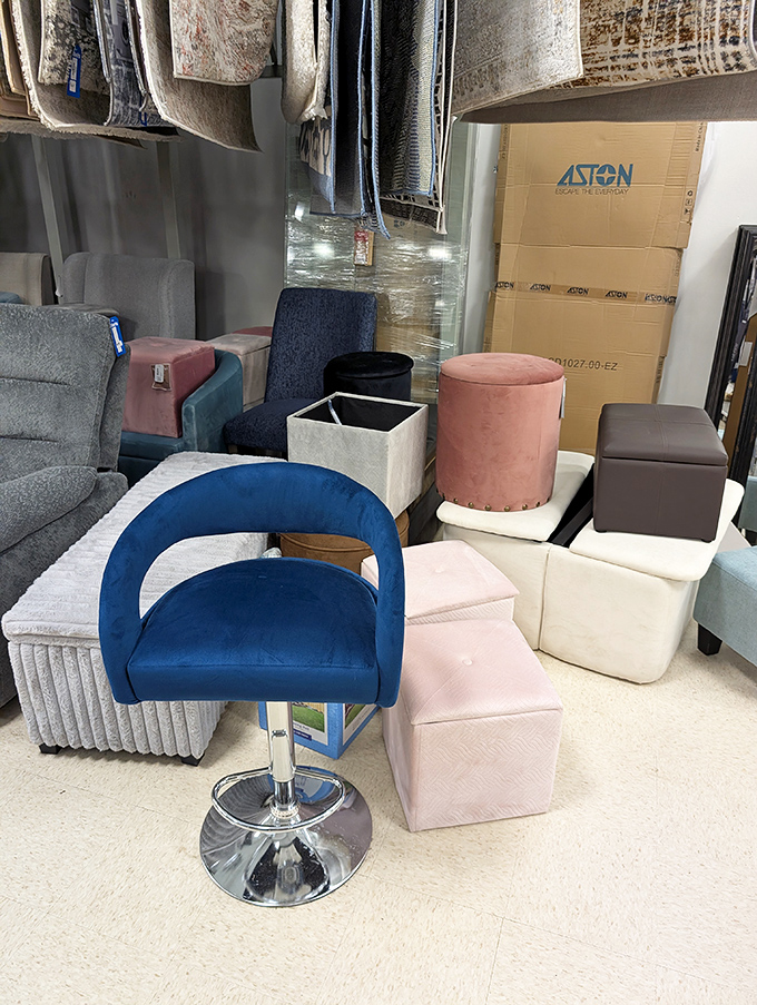 The furniture section: where velvet-upholstered dreams and practical storage solutions coexist in perfect, affordable harmony.