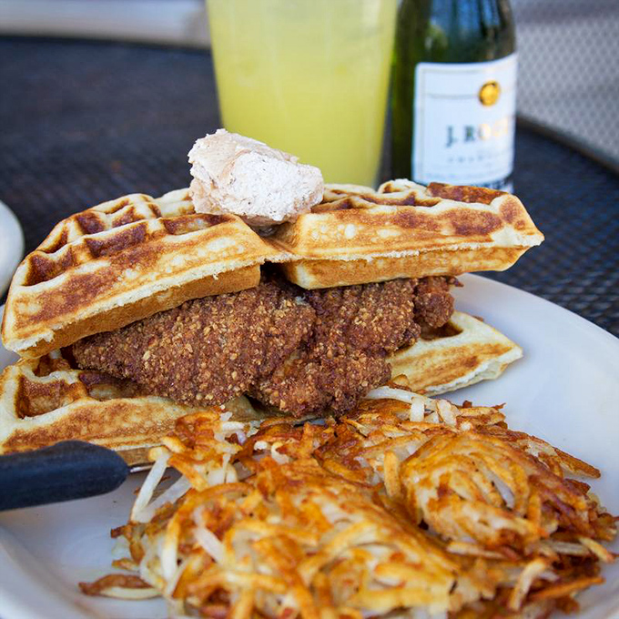 Chicken and waffles: the breakfast equivalent of a mullet. Business on the bottom, party on top, and somehow it all works magnificently together.