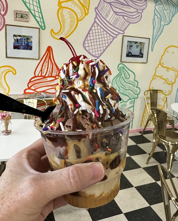 Layers of chocolate and caramel transform a simple sundae into an architectural marvel that would make Frank Lloyd Wright weep with joy.