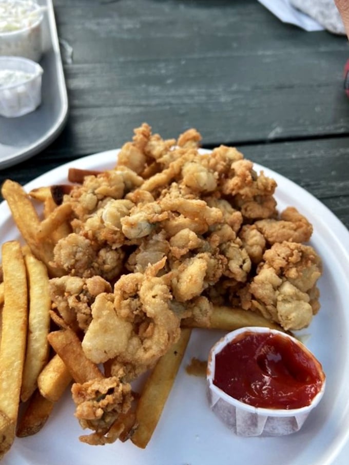 The holy grail of fried clams – tender morsels in a light, crispy coating that shatters with each bite, paired with hand-cut fries and homemade coleslaw.