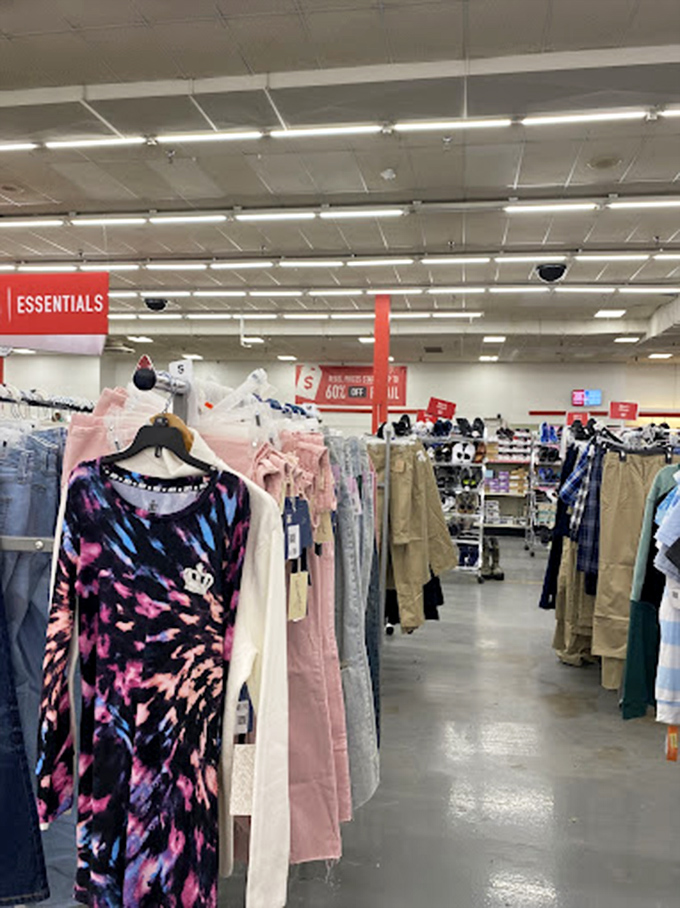 The "Essentials" clothing section proves one person's retail return is another's fashion find. That tie-dye top could be your next favorite weekend staple.