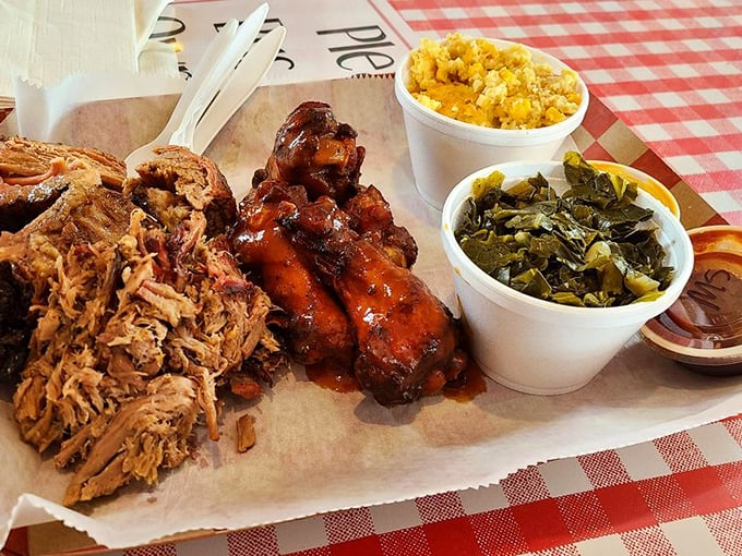 The BBQ trinity: pulled pork, ribs, and sides that know their supporting role yet somehow steal scenes anyway. The mac and cheese deserves its own fan club.
