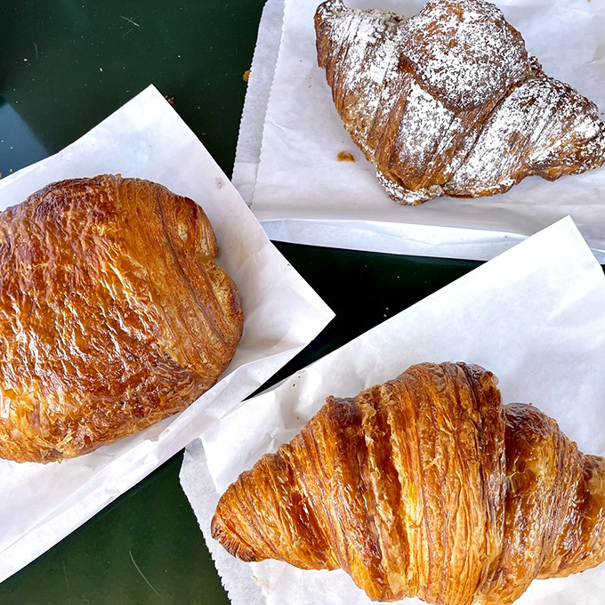 The holy trinity of croissants – one plain, one powdered, one classic – arranged like delicious artifacts in a museum of morning bliss.