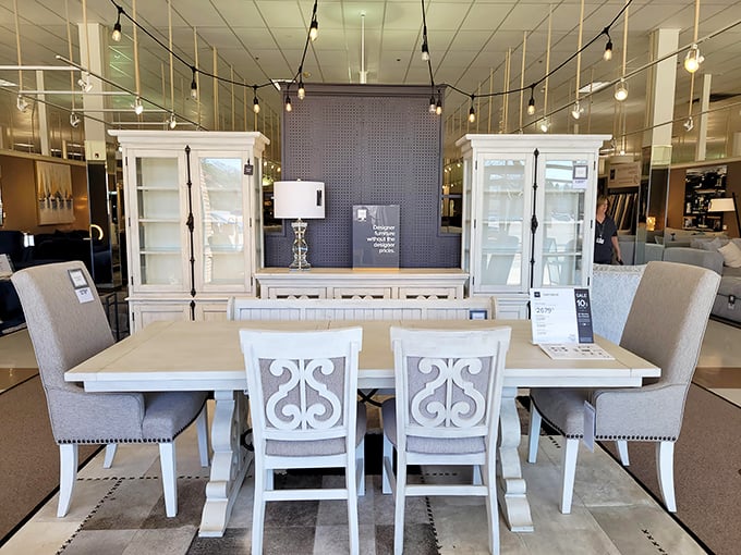 Farmhouse chic meets modern elegance in this dining set. The perfect stage for everything from Thanksgiving feasts to Tuesday night takeout dramas.