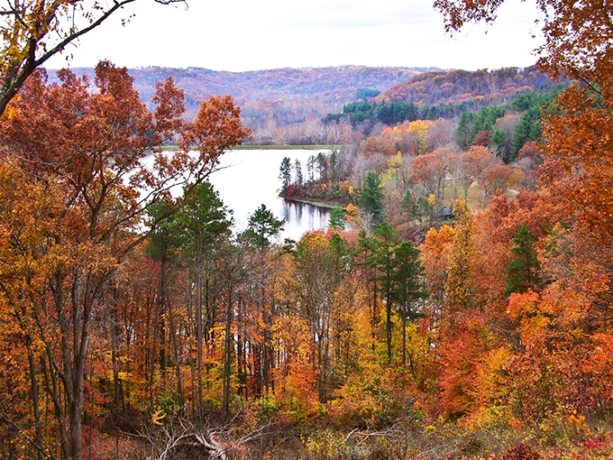 Fall foliage that makes New England jealous. The lake peeks through a tapestry of crimson and gold that's worth every mile of the drive.