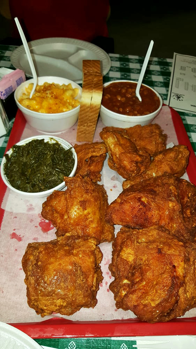 Happiness on a tray: crispy chicken surrounded by Southern classics. Your diet called&mdash;it's taking the day off.